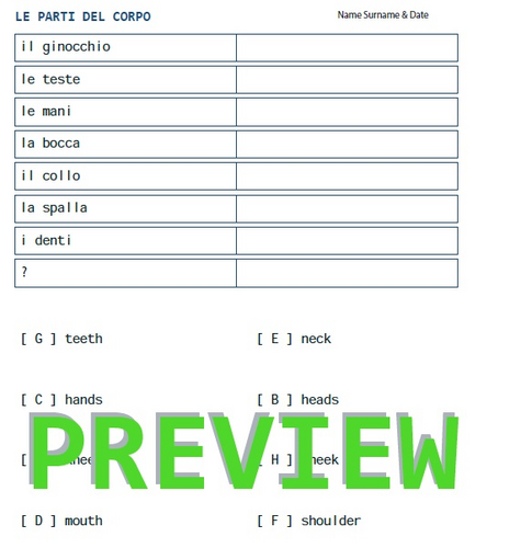 ITALIAN BODY PARTS VOCABULARY QUIZ | Teaching Resources