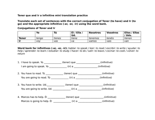 Tener que and Ir a infinitive mini translation practice | Teaching ...