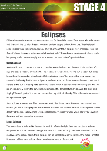 Year 4 Solar System Eclipses Reading Comprehension | Teaching Resources