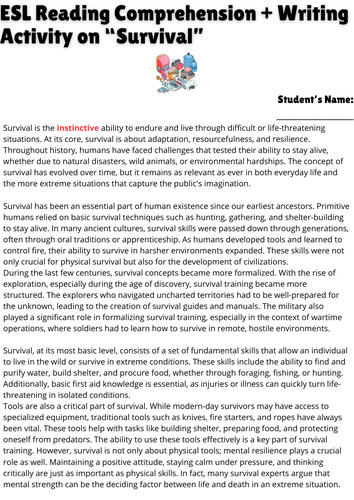 ESL Reading Comprehension + Writing Activity Worksheets on "Survival" | Teaching Resources