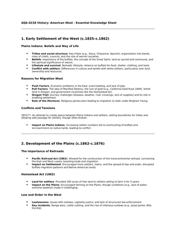 GCSE History The American West Revision Pack | Teaching Resources