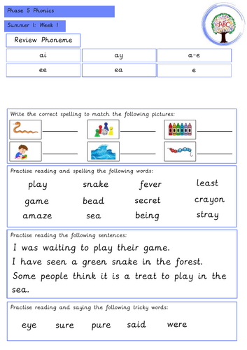 Early Reading & Phonics Homework/ Support Sheet- Summer 1 (Year 1 ...
