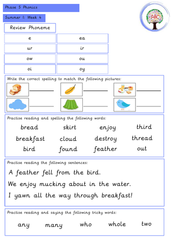 Early Reading & Phonics Homework/ Support Sheet- Summer 1 (Year 1 ...