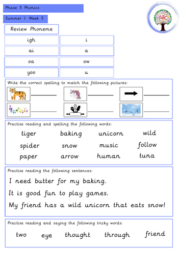 Early Reading & Phonics Homework/ Support Sheet- Summer 1 (Year 1 ...