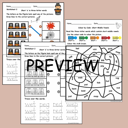 CVC Words Rhyming Pictures Trace Write Worksheets Harvest Thanksgiving ...