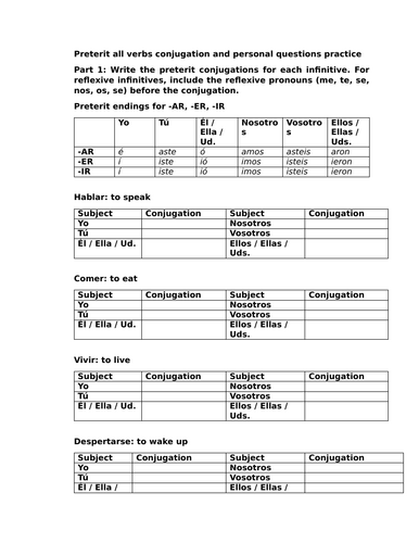 Preterit all verbs conjugation and personal questions practice ...