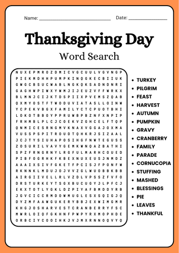 Thanksgiving Day Word Search Puzzle Worksheet Activity | Teaching Resources