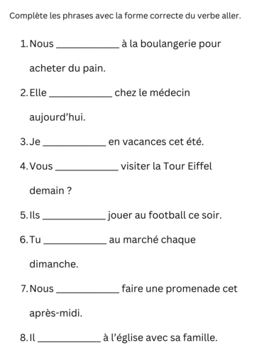Pratique du Verbe Aller - Printable le verbe aller practice worksheet ...