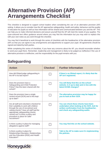 Alternative Provision AP Checklist | Teaching Resources