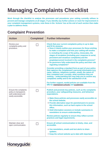 Managing Complaints Checklist | Teaching Resources