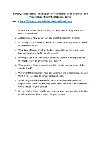 Primary Source analysis - The English terror in Ireland | Teaching ...