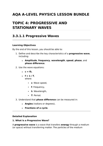 PROGRESSIVE AND STATIONARY WAVES - Complete Lesson Bundle for AQA A-Level Physics | Teaching ...