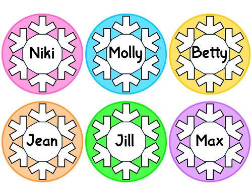 Bright Name Tags, Editable Winter Name Plates, Colorful Snowflakes Name ...