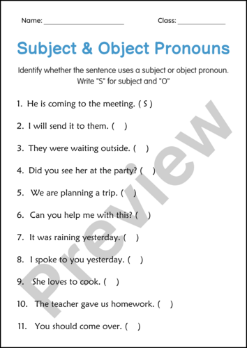 Grammar Subject and Object Pronouns Activity Worksheets for Grade 1, 2 ...