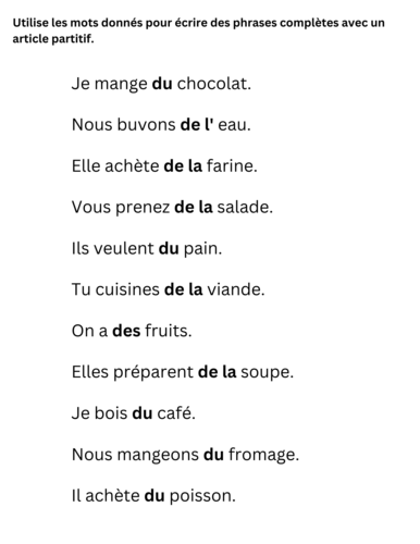 partitive articles in French exercises worksheet - les articles ...
