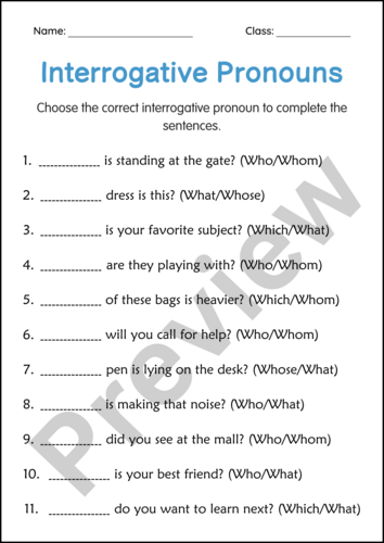 Interrogative Pronouns Grammar Activity Worksheets for Grade 1, 2, 3 ...