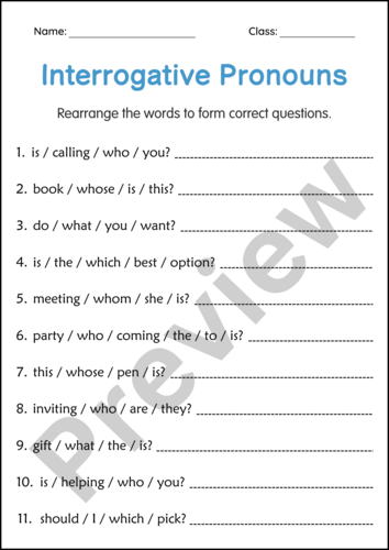 Interrogative Pronouns Grammar Activity Worksheets for Grade 1, 2, 3 ...