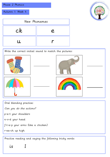 Early Reading & Phonics Homework/ Support Sheet- Autumn 1 (Reception ...