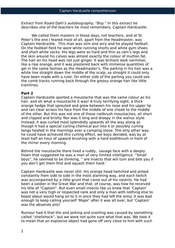 11+ Comprehension on extract from Roald Dahl's "Boy" | Teaching Resources