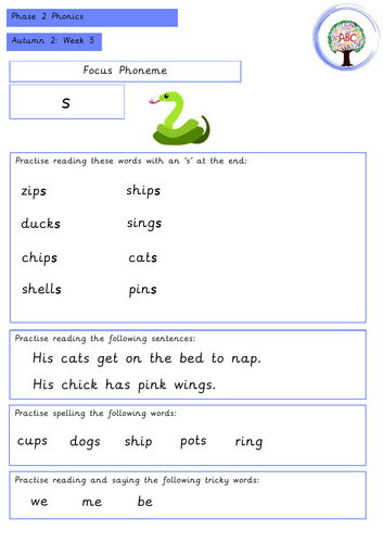 Early Reading & Phonics Homework/ Support Sheet- Autumn 2 (Reception ...