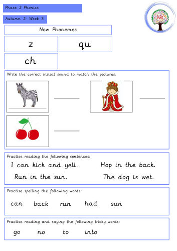 Early Reading & Phonics Homework/ Support Sheet- Autumn 2 (Reception ...