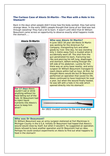 Alexis St Martin and Dr William Beaumont information sheets | Teaching ...