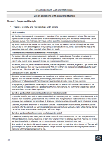 2024 AQA GCSE French - SPEAKING BOOKLET | Teaching Resources