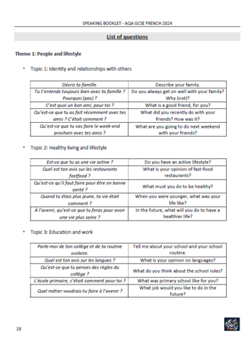 2024 AQA GCSE French - SPEAKING BOOKLET | Teaching Resources
