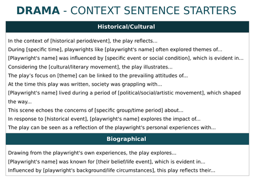 Drama Contextual Sentence Starters | Teaching Resources