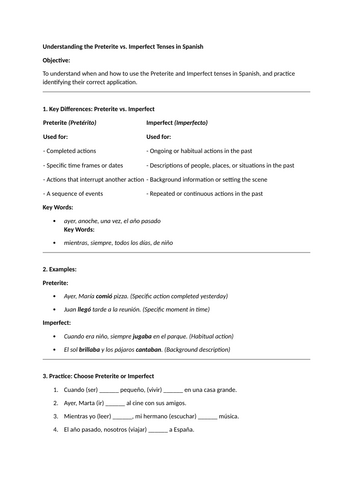 Spanish Preterite Tense vs Imperfect Tense | Teaching Resources