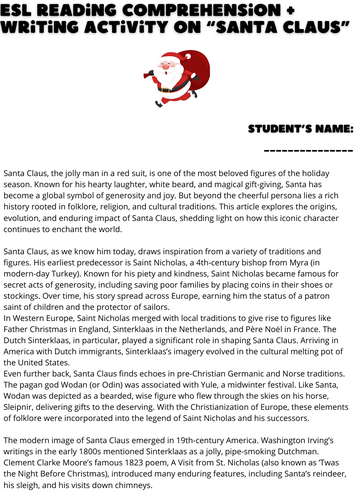 ESL Reading Comprehension + Writing Activity Worksheets on "Santa Claus ...