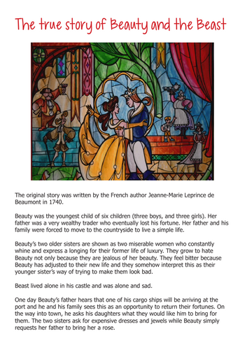 True story of Beauty and the Beast, Comprehension & Printable ...