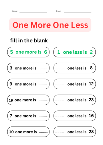 One More One Less Number Worksheets for Grade 1, 2, 3 | Teaching Resources