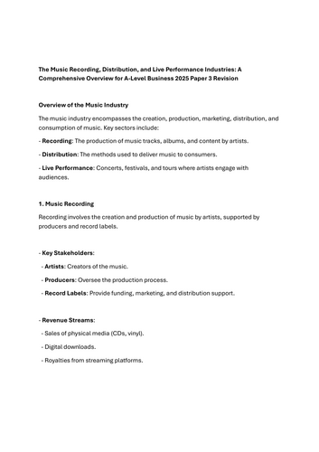 Music Recording Revision Blueprint: 2025 Paper 3 A-Level Business 2025 ...