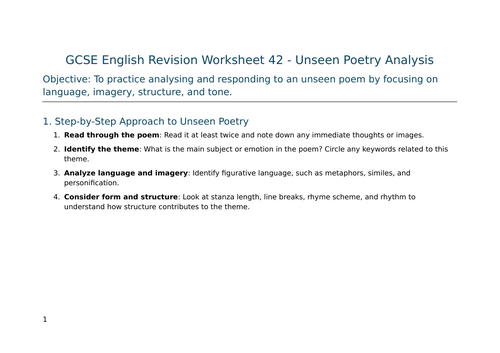 Unseen Poetry Analysis – GCSE Worksheet 42 | Teaching Resources