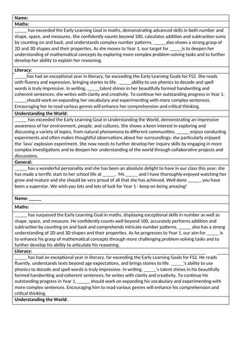 Whole class end of year reports FS2/Reception | Teaching Resources