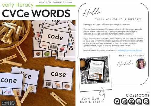 CVCe Words Long Vowels Center - Phonics Review Clip Cards with Real ...