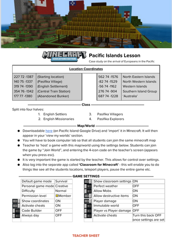 Pacific Islands Minecraft Lesson (World + Worksheet with Instructions ...
