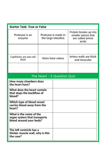 GCSE AQA Biology The heart and Blood Vessels | Teaching Resources