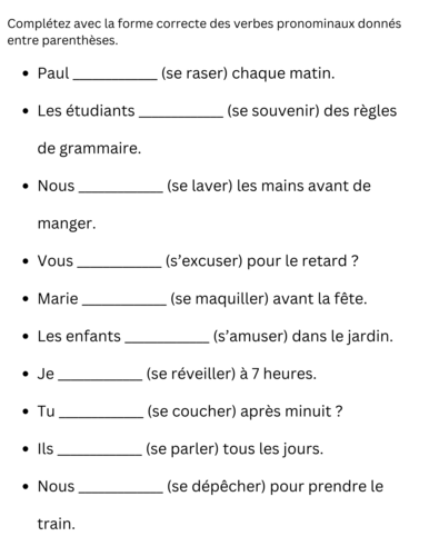 Pratique des Verbes Pronominaux - pronominal verbs in french exercises ...