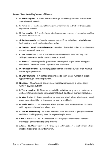 Sources of Finance - Class Activity (Edexcel A Level Business ...