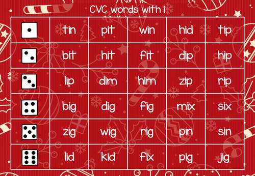 Christmas themed - English - 'Roll the dice' CVC phonics word board ...