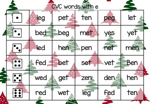 Christmas themed - English - 'Roll the dice' CVC phonics word board ...