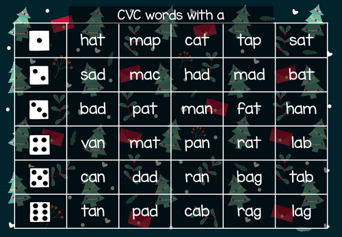 Christmas themed - English - 'Roll the dice' CVC phonics word board ...