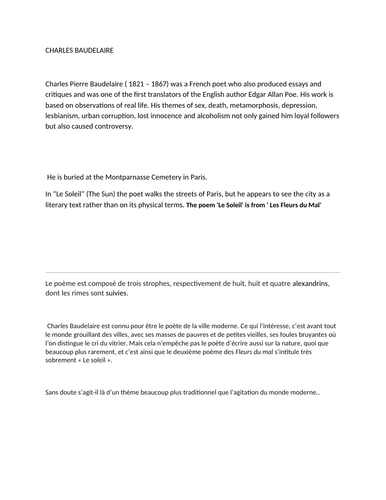 Advanced Level French Literature: Baudelaire: Le Soleil | Teaching ...