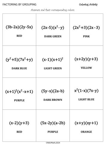 Factoring Polynomials by Grouping - Color by Code | Teaching Resources
