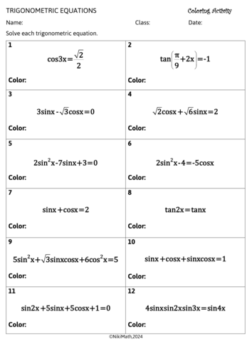Trigonometric Equations - Coloring Activity/Color by Code | Teaching ...