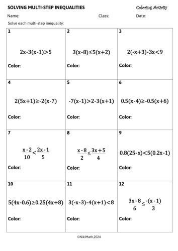 Solving Multi-Step Inequalities - Coloring Activity/Color by Code ...