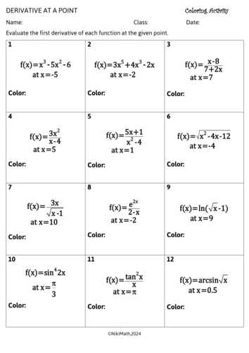 Derivative at a Point - Coloring Activity/Color by Code | Teaching ...