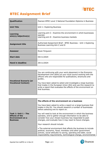 BTEC Business Unit 1: Exploring Business | Teaching Resources